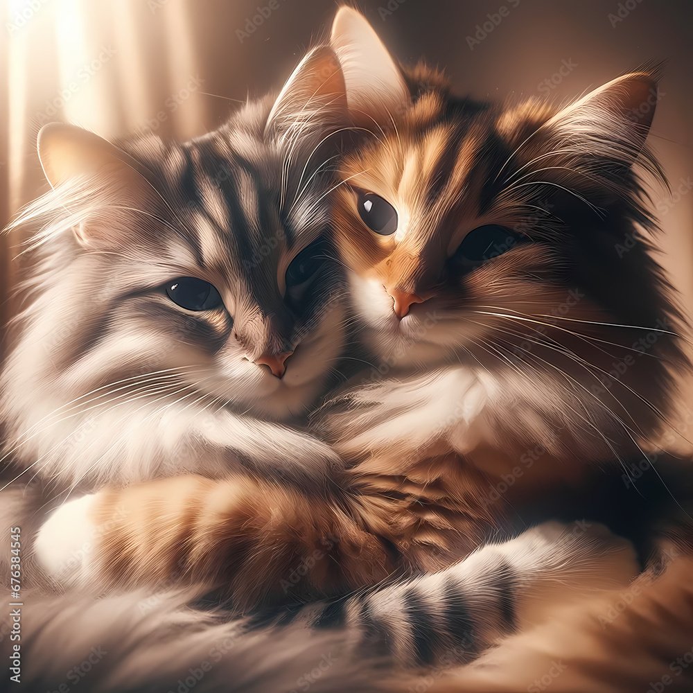 A photograph of two cats hugging each other. The cats are close ...