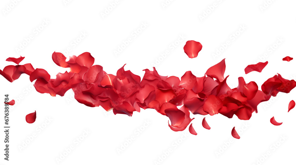 a falling or flying red rose flower petals isolated on a transparent ...