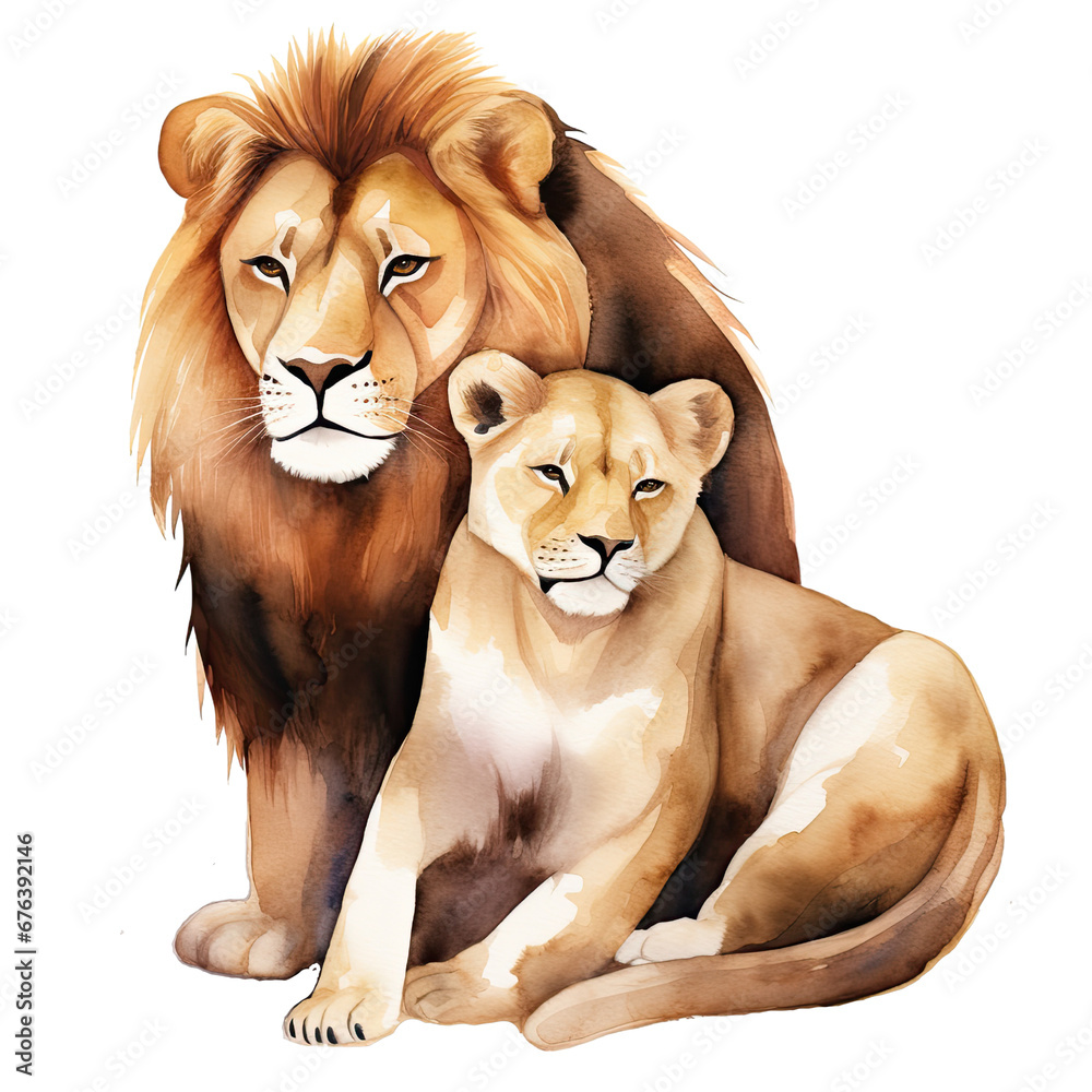 Hand Drawn Watercolor Lion and Lioness Clip Art Illustration. Isolated ...