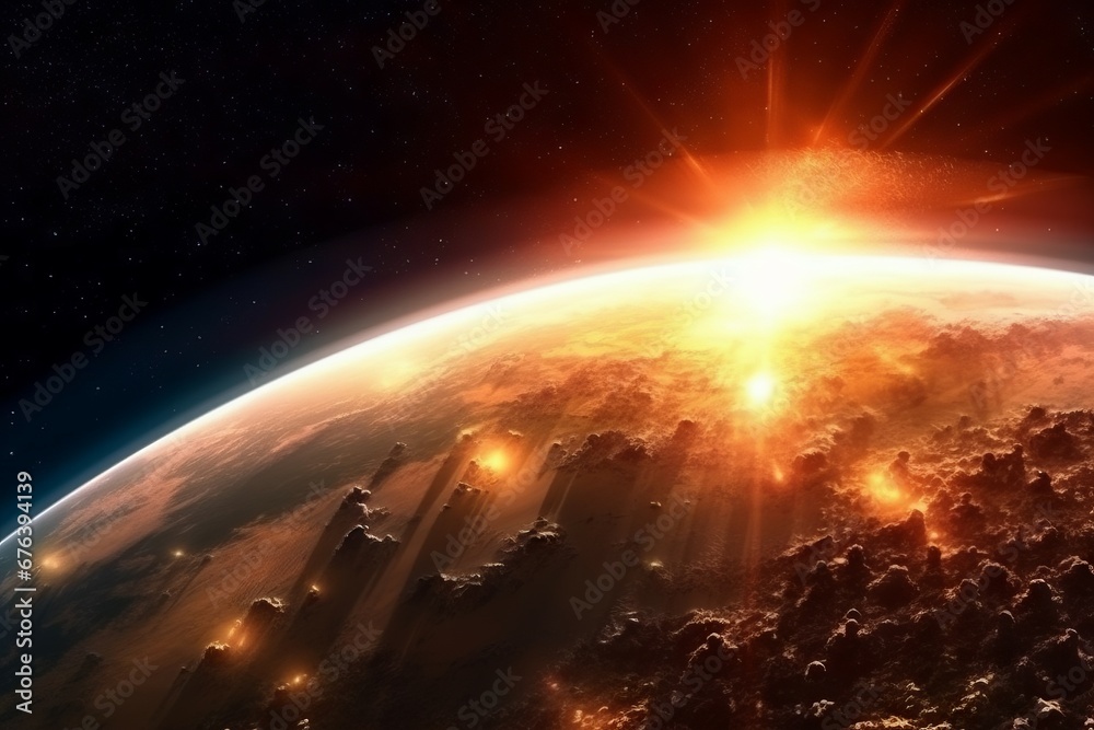 Sunrise in space with planet earth and sun rays on background. Sunrise ...