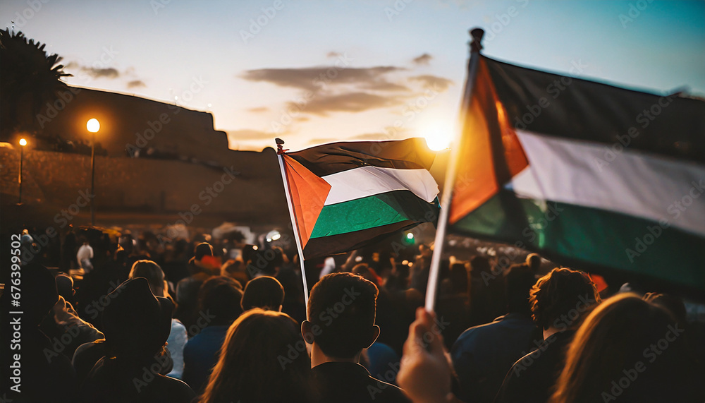 A crowd of Palestinians holding Palestine flags celebrate Freedom Ai ...