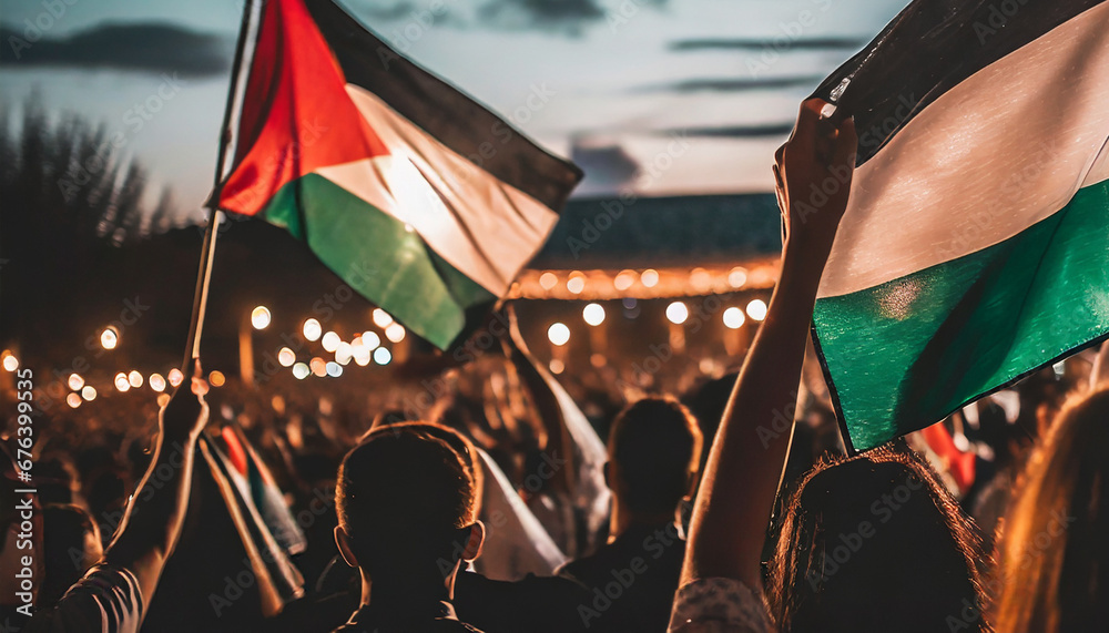 A crowd of Palestinians holding Palestine flags celebrate Freedom Ai ...