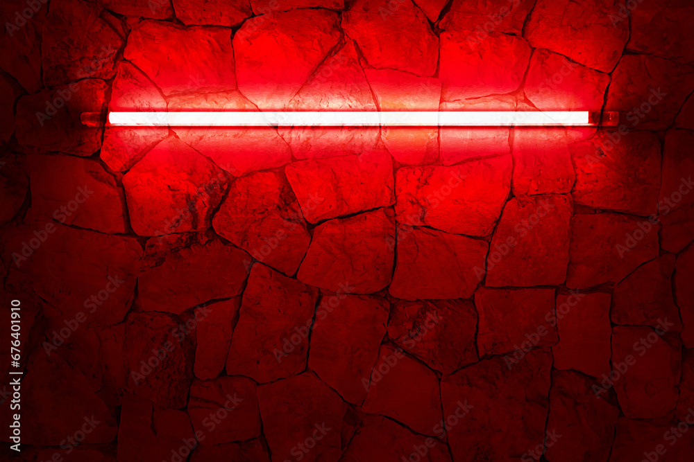 Red neon bulbs on stone wall. Background texture of empty old stone ...