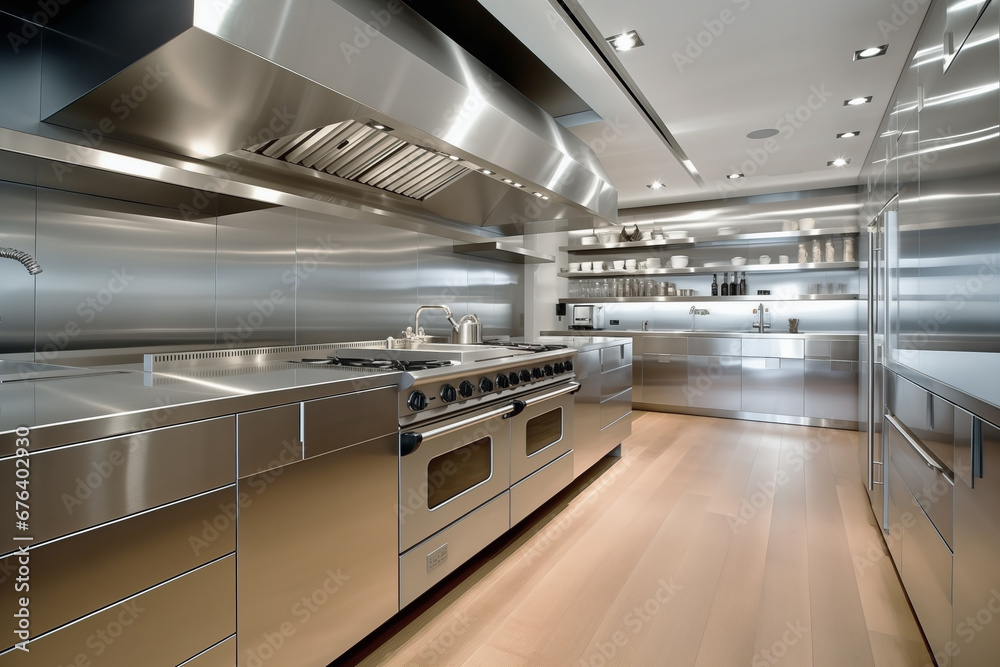 professional modern sleek kitchen in stainless steel in background of ...