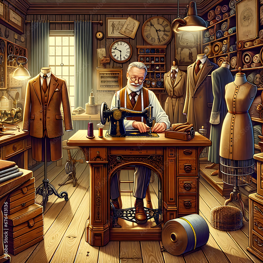 A detailed illustration of an old-fashioned tailor shop with vintage ...