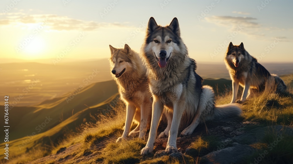 a group of three dogs sitting on top of a grass covered hillside next ...