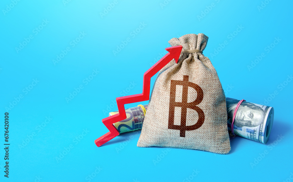 Thai baht money bag and red up arrow. Economic growth, GDP. Rise in ...
