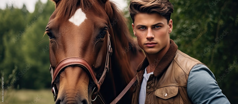 In the picturesque summer landscape a young beautiful man poses for a ...