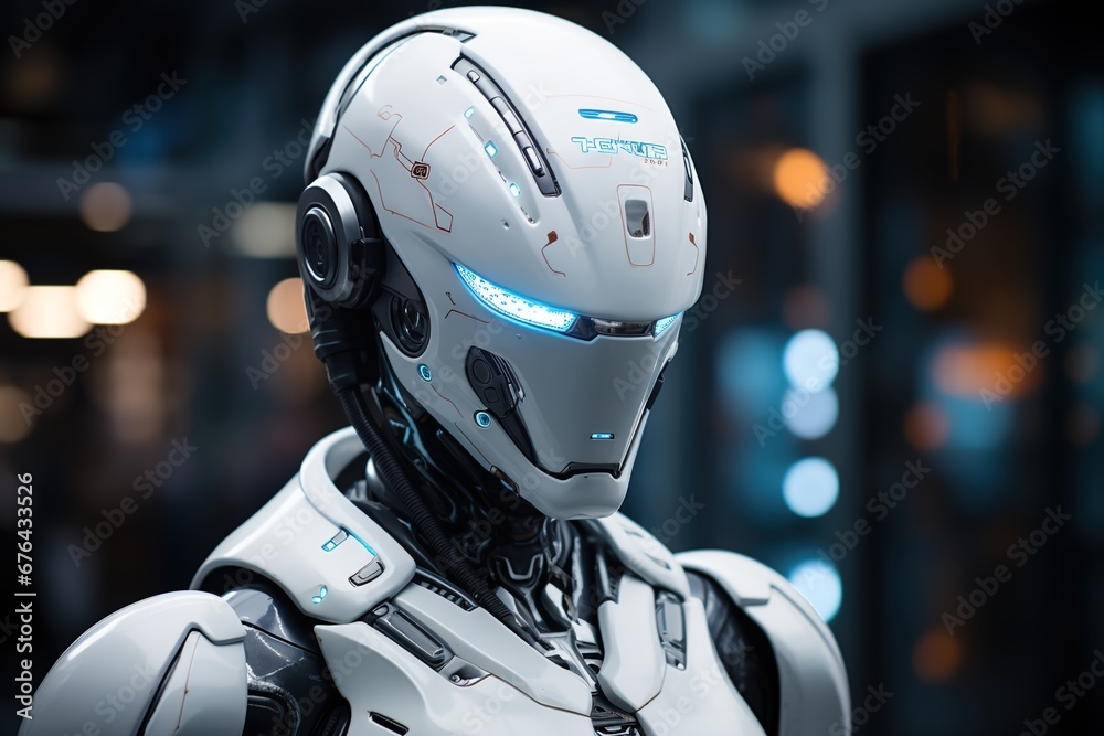 High-Tech Sophistication: This realistic white robot features striking ...