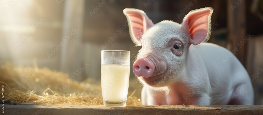 At the family farm the cute young piglet happily drinks milk from its ...