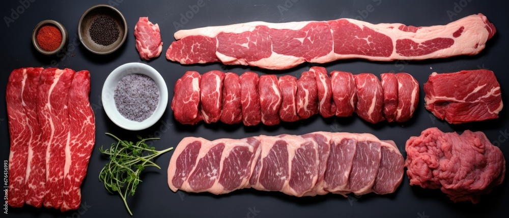 Set of various classic, alternative raw meat, veal beef steaks ...
