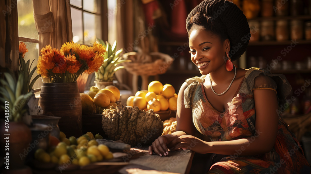 Candid photo of a happy African female business owner in a traditional ...