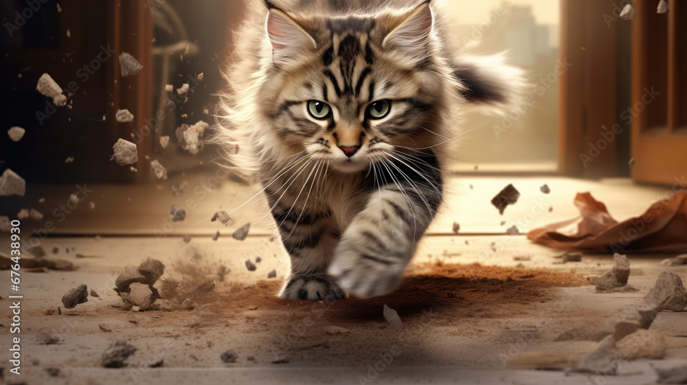 Dynamic cat in action, dashing with debris flying on a dusty surface ...