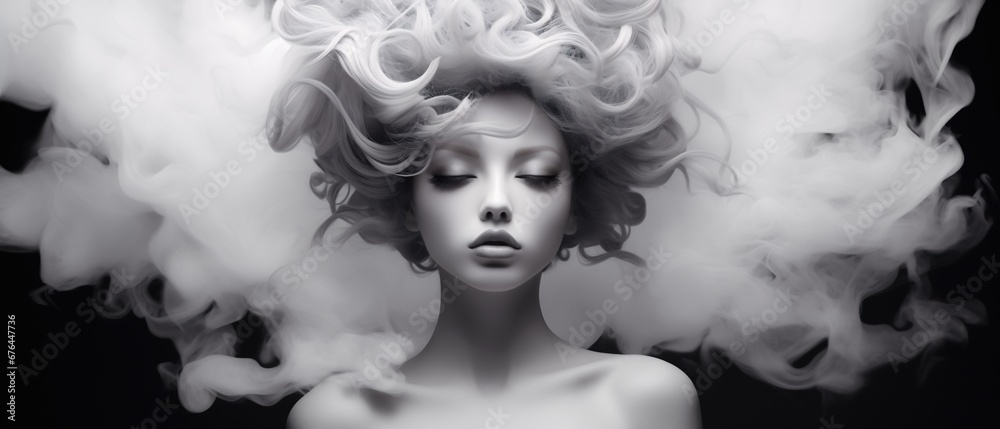Ice queen with turbulent long winter white hair in the mist of cold ...