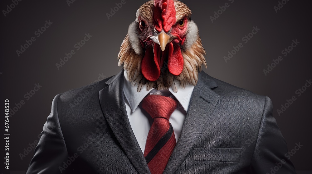 a rooster wearing a suit and tie with his head in the shape of a man in ...