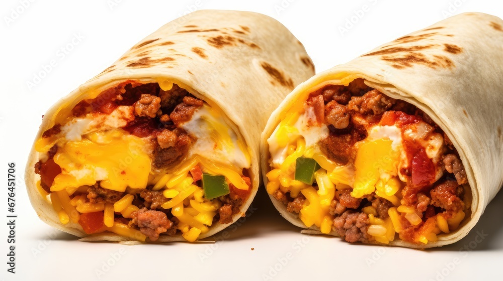 two burritos filled with meat, cheese, and other toppings on a white ...