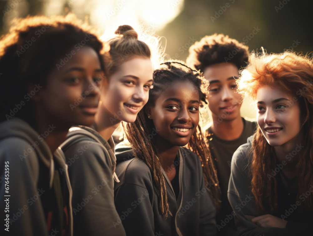 Teenagers of different races, enjoying each other's company and ...