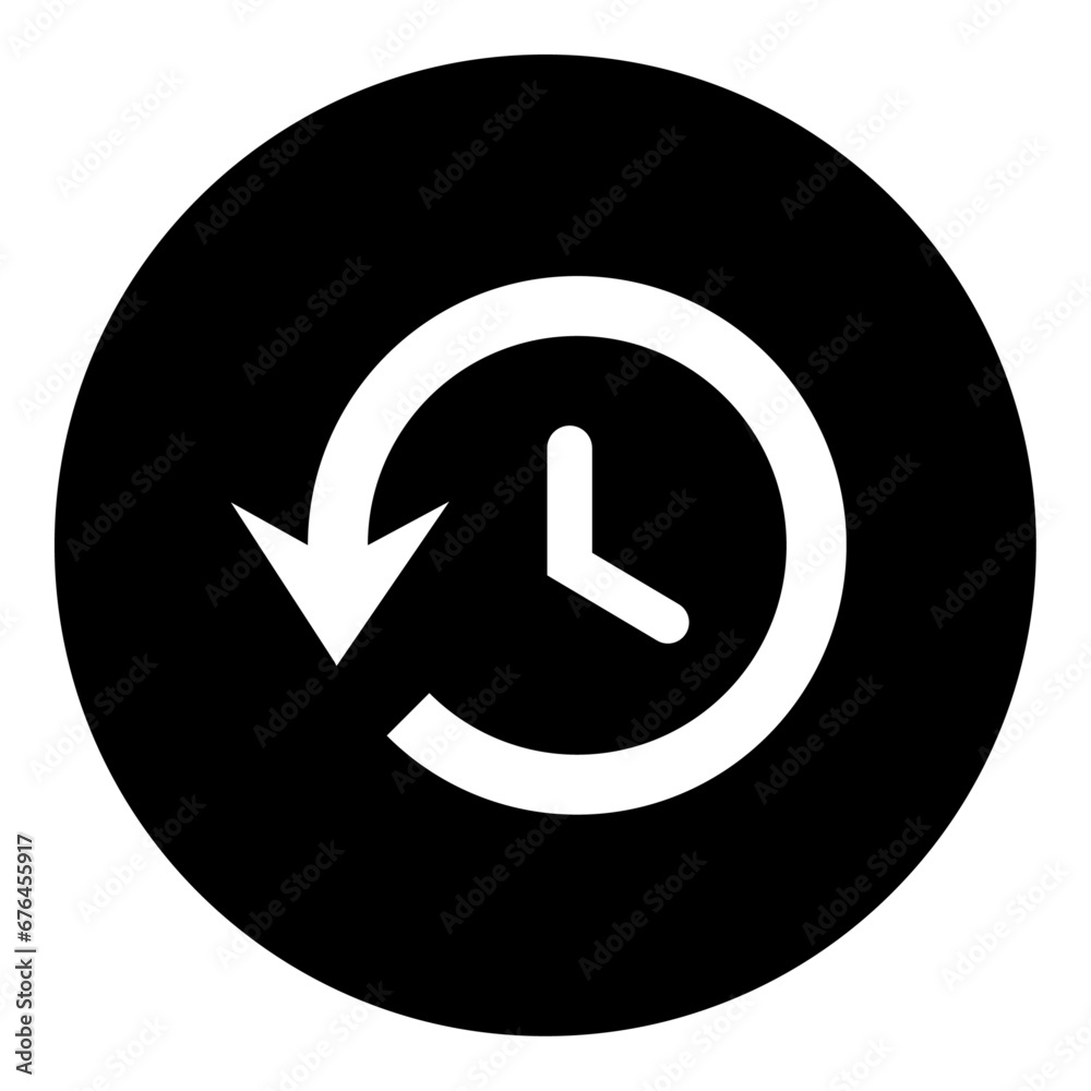 A time back symbol in the center. Isolated white symbol in black circle ...