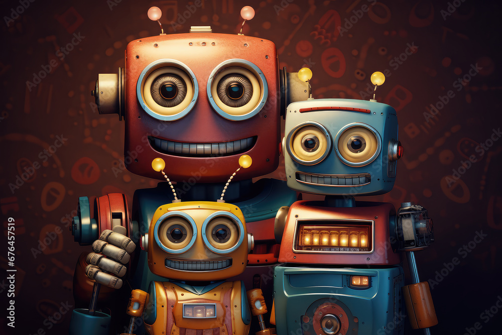 Happy robot family hugging. Witness the love and unity between robotic ...