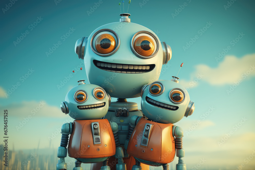 Happy robot family hugging. Witness the love and unity between robotic ...