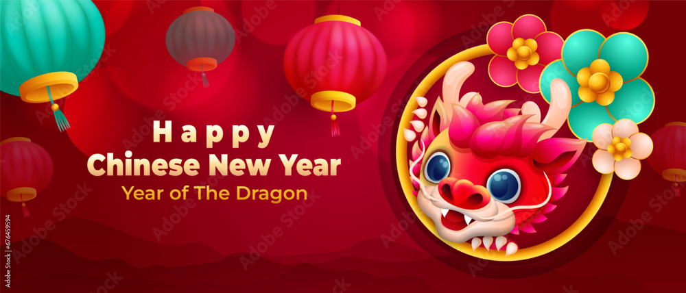 Cartoon Chinese new year horizontal banner with cute little dragon and ...