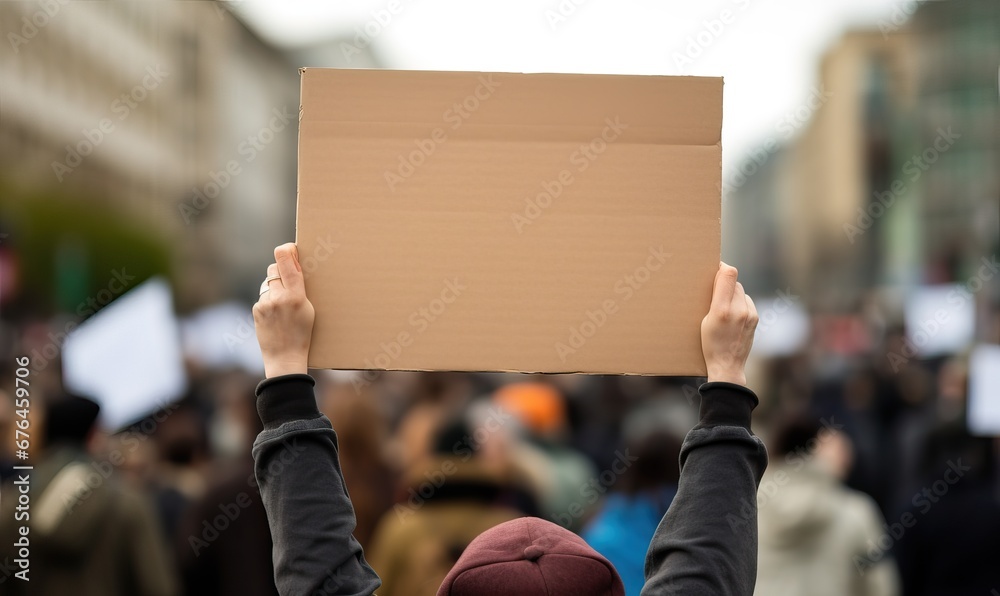 Protestors on the street holding blank cardboard banner sign. Global ...