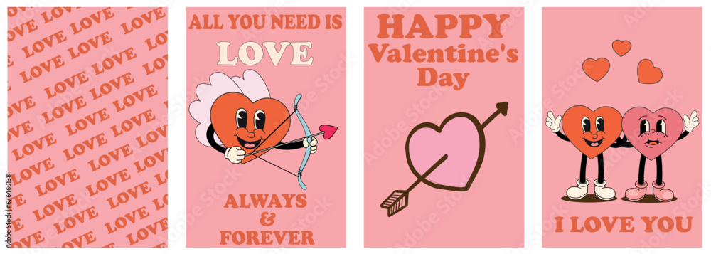 Retro groovy lovely hearts posters. Love concept. Happy Valentines day ...