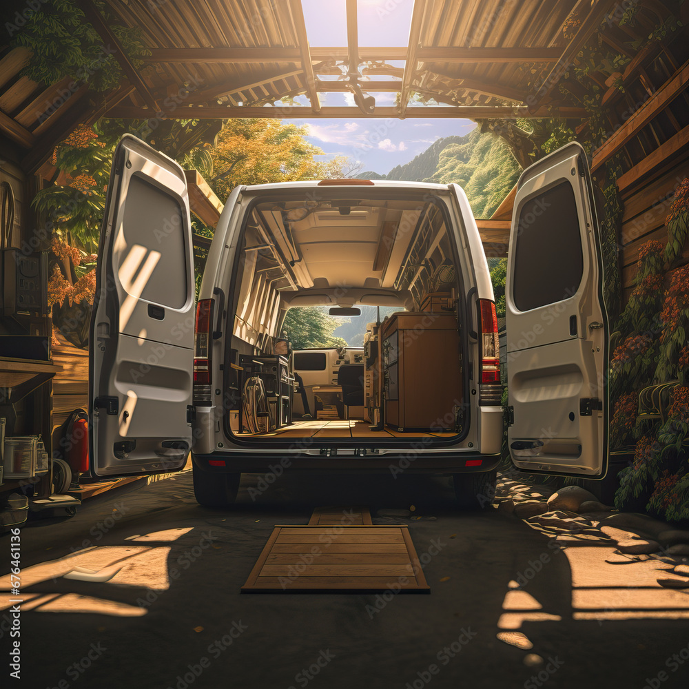 Camperized van with the rear doors open inside a garage with the roof ...