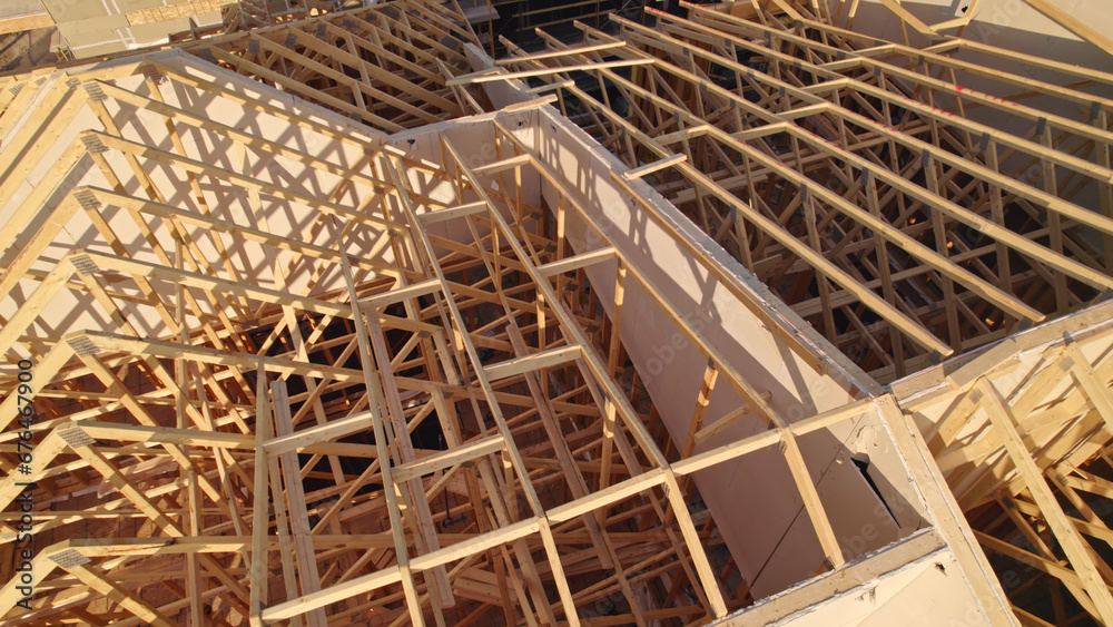 Modern North American home in construction. Aerial view of unfinished ...