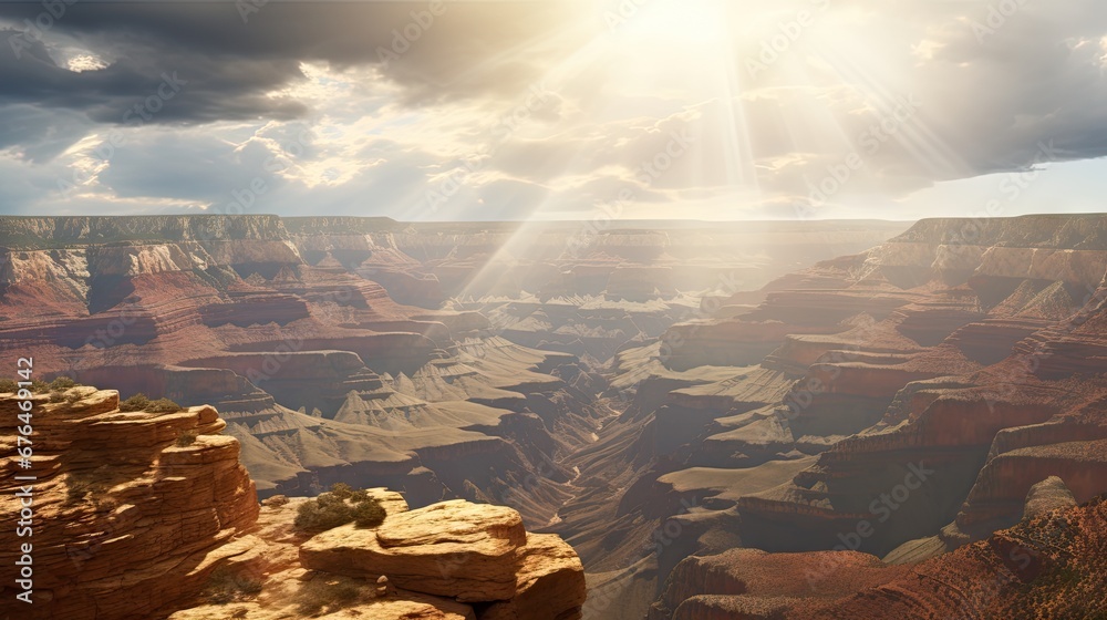 the sun shines brightly through the clouds above the grand canyon of ...