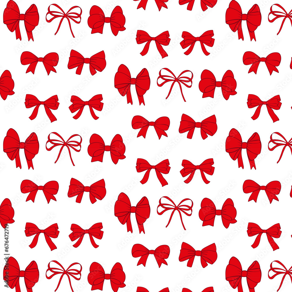 Seamless pattern of red gift bows, ribbons in sketch style, hand drawn ...