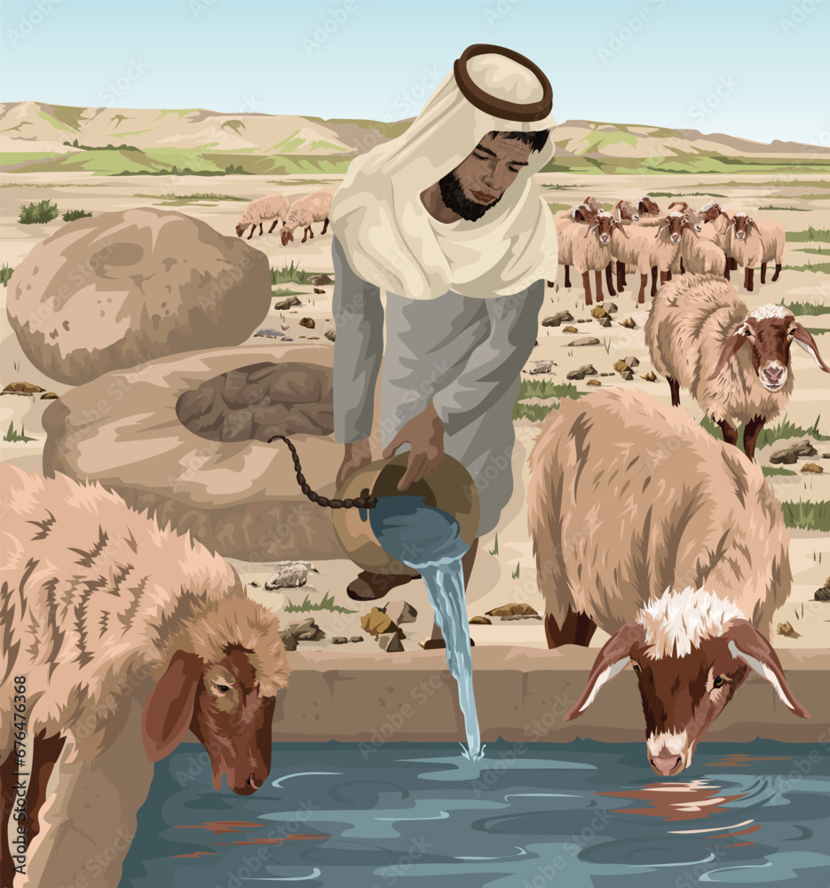 Shepherd giving his thirsty sheep water to drink from an underground ...