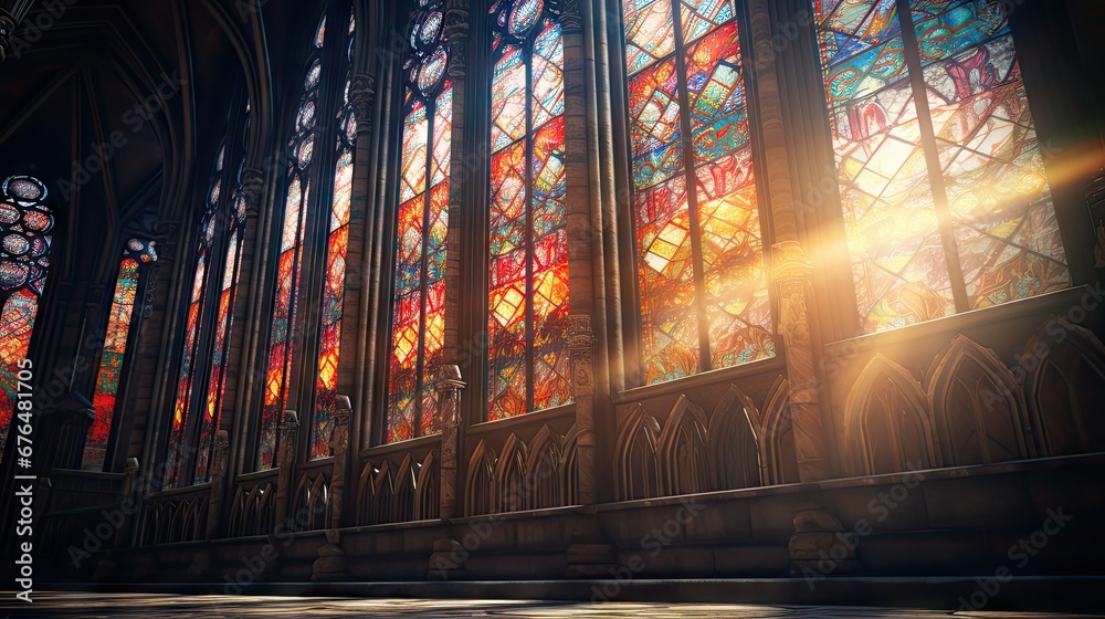 the sun shines through the stained glass windows of a church's navel navel, as the sun shines ...