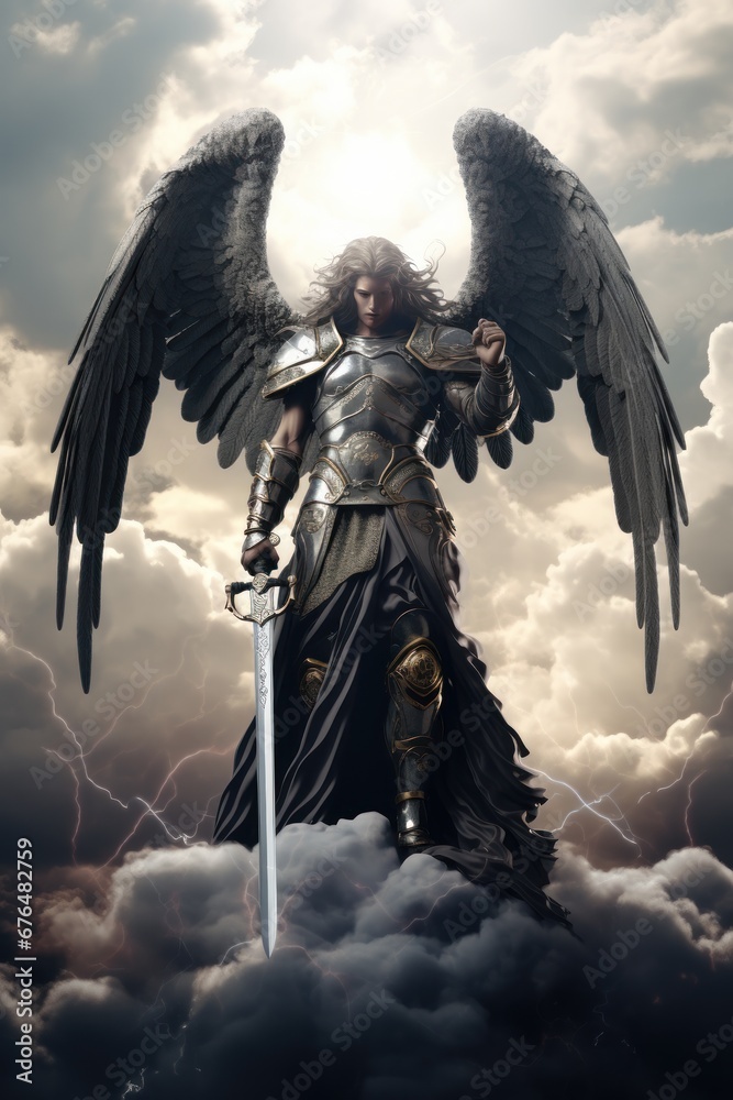 Archangel Michael with wings in knight armor with sword rises in sky standing at protection of ...