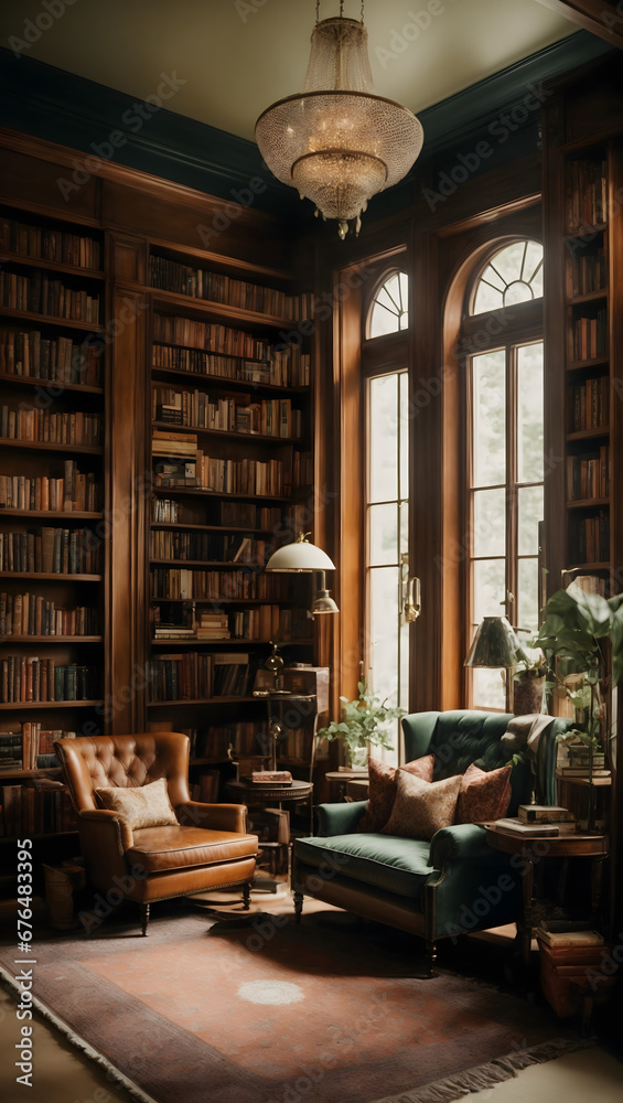 An eclectic home library with floor-to-ceiling bookshelves, a cozy ...
