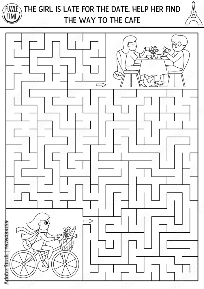 France black and white maze for kids with girl riding bike. French ...