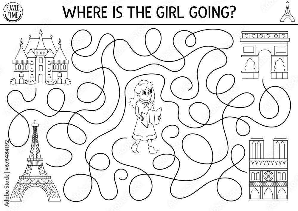 France black and white maze for kids with tourist girl and Paris places ...