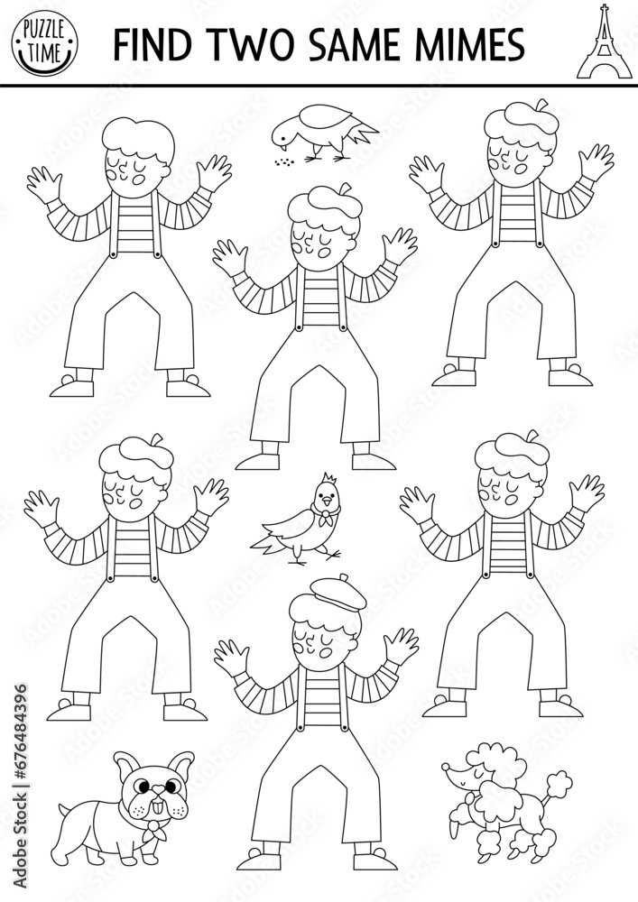 Find two same mimes. Matching black and white activity for children ...