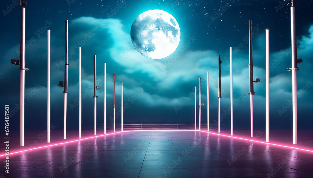 neon empty futuristic field with poles with cloudy sky and a shining ...