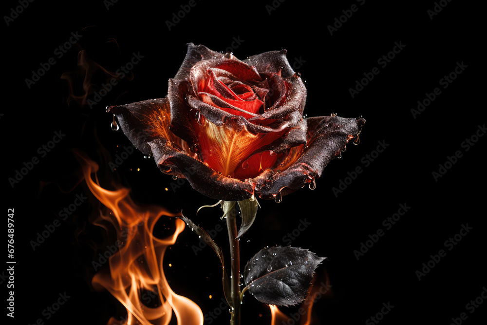 A fiery rose with spark flakes on a dramatic black background. The ...