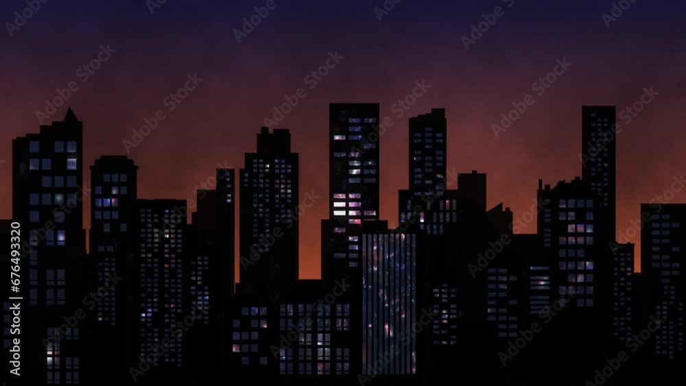 City skyline in silhouette at dusk with glowing house party lights ...