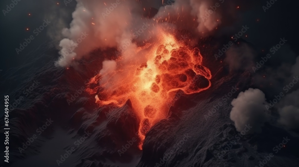 Volcanic eruption from the air. Lava flows, smoke and sparks ...
