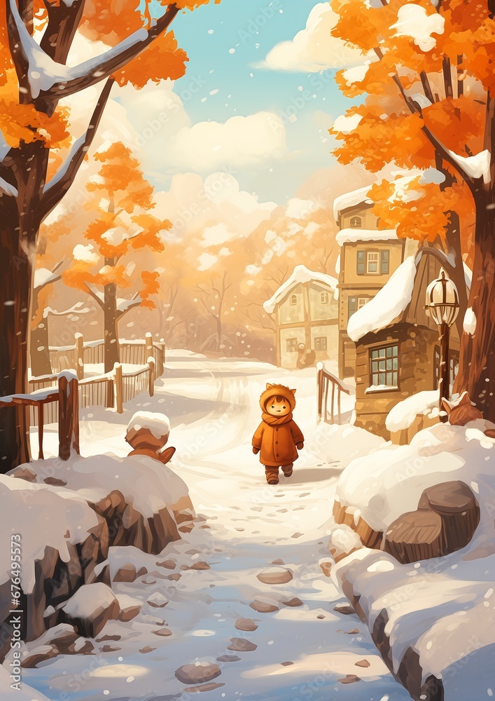 cartoon bear walking down snowy path environmental key tiny village ...