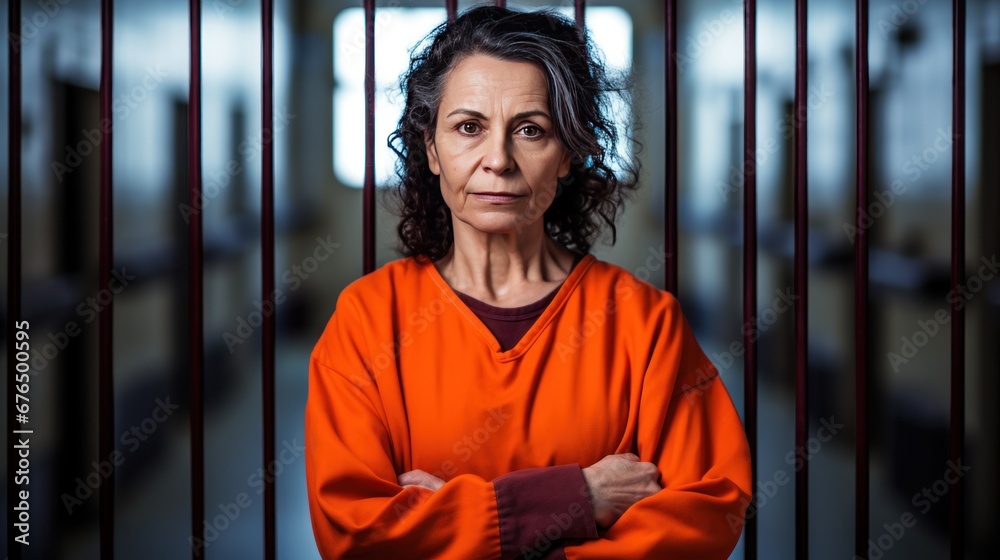 A middle-aged female prisoner in an orange uniform against a background ...