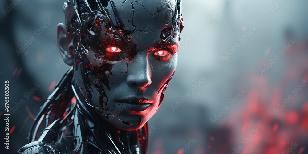 malicious look of a robot with artificial intelligence, danger to ...