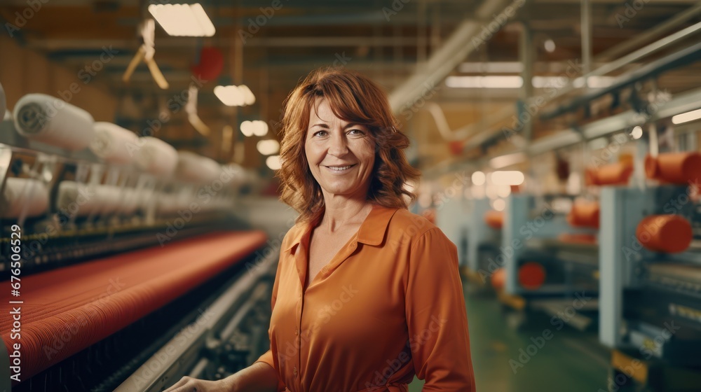 Red haired lady carefully working on weaving factory to earn money ...
