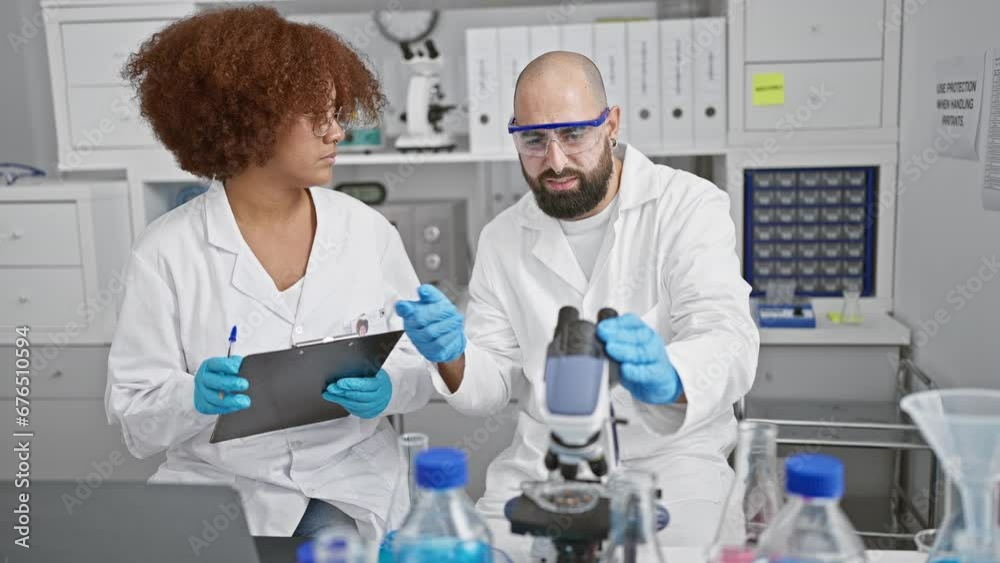 Inside the buzzing lab, two committed scientists, man and woman ...