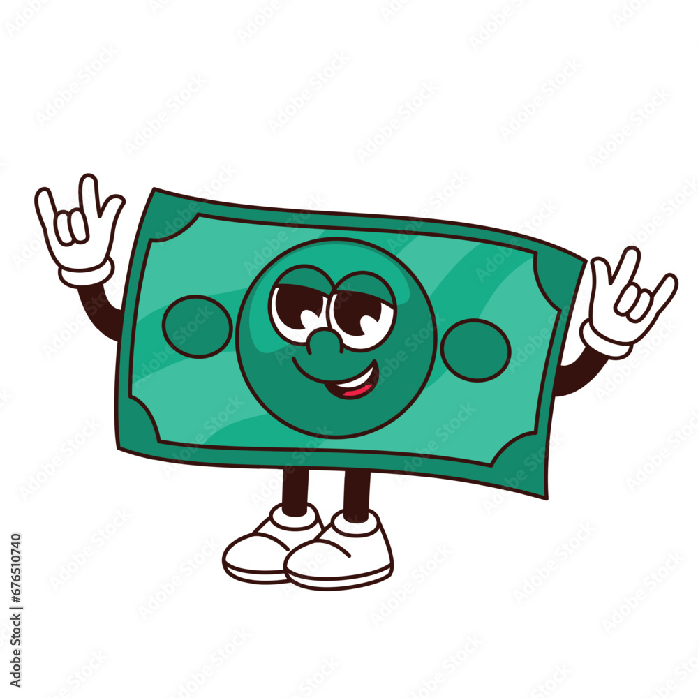Groovy dollar banknote character vector illustration. Cartoon isolated ...