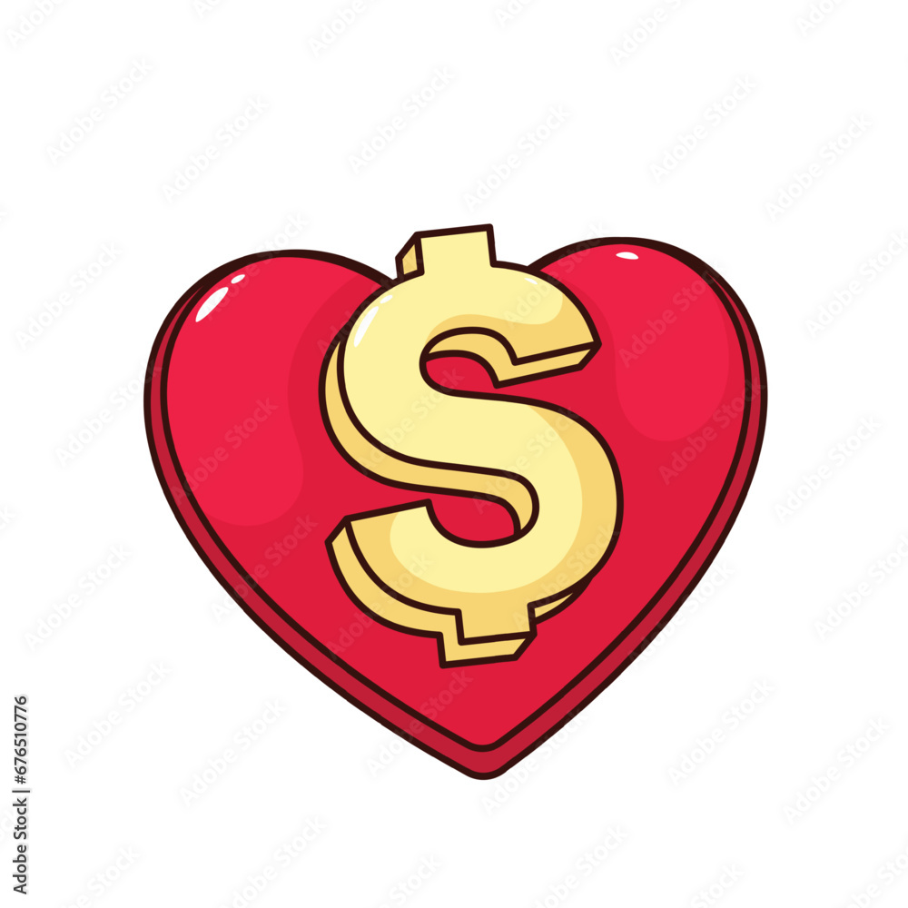 Groovy heart with gold dollar vector illustration. Cartoon isolated ...