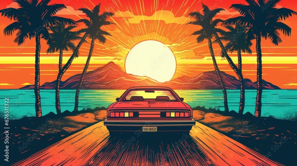 Summer vibes s style illustration with car driving AI generated ...